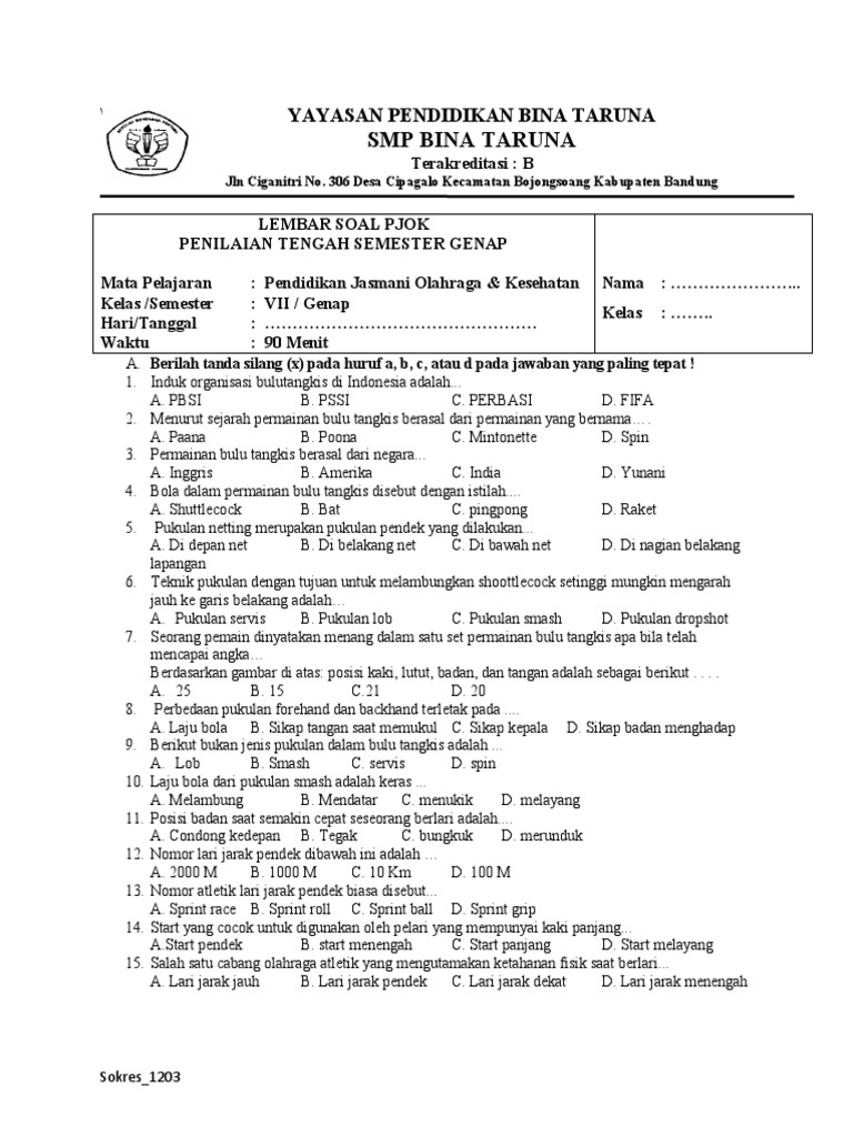 Soal PTS GENAP 22.23 PJOK Kelas 7 | PDF | Olahraga & Rekreasi