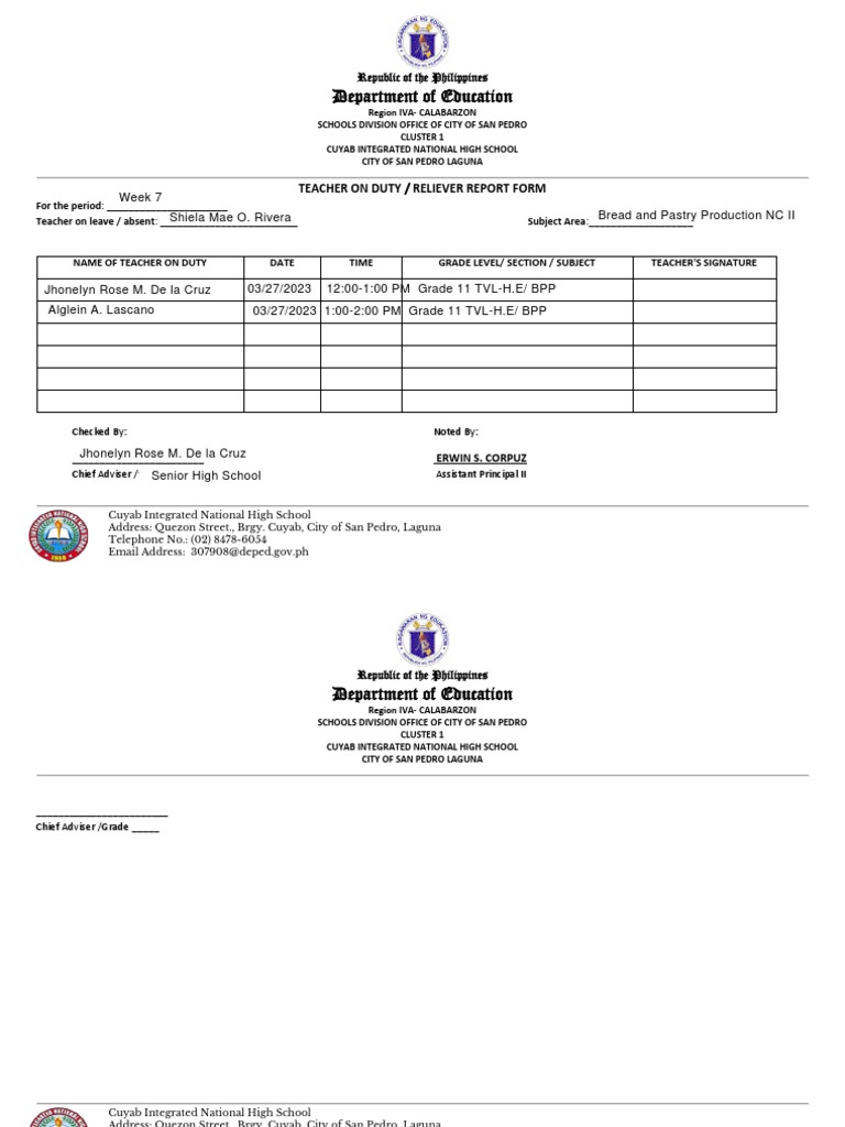 Teacher On Duty Reliever Form - SOR | PDF