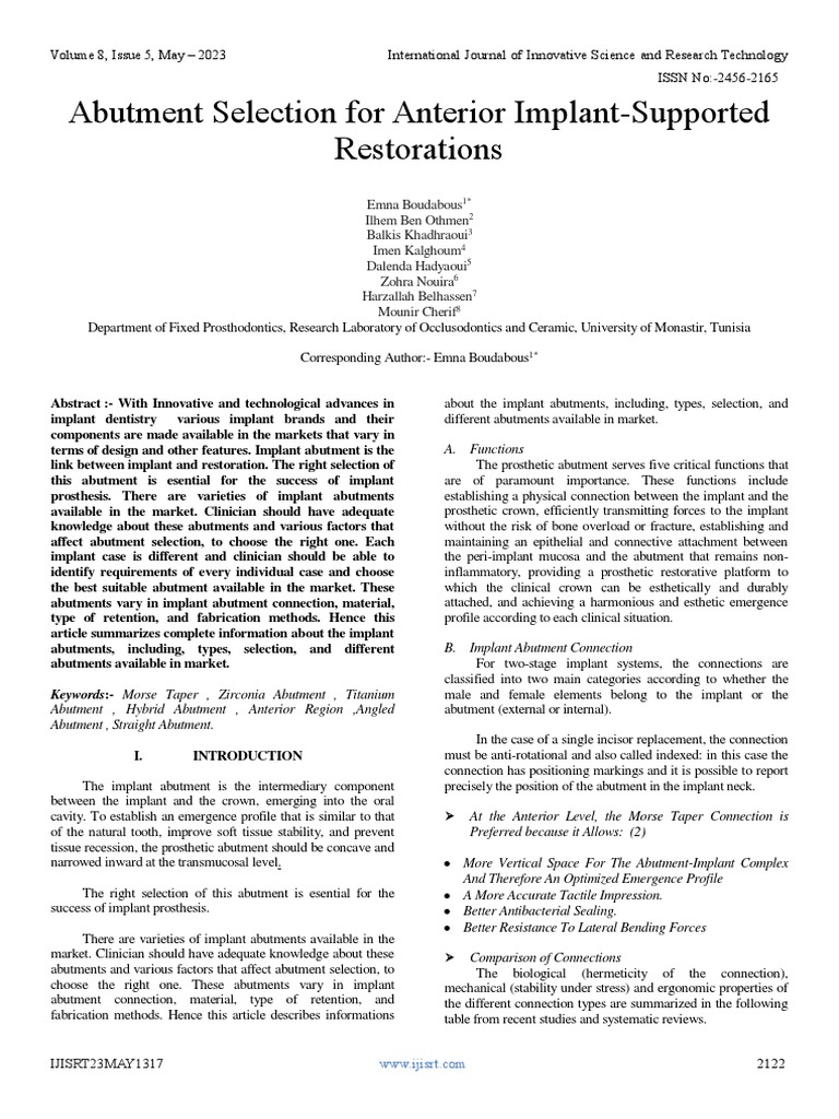 Abutment Selection For Anterior Implant-Supported Restorations | PDF ...