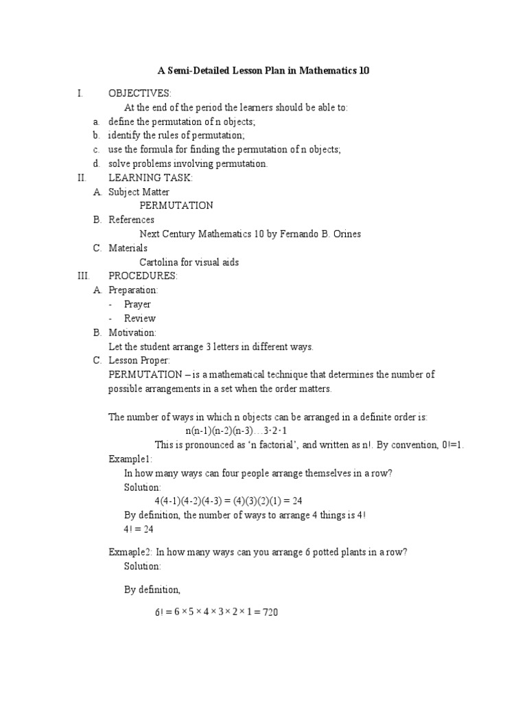 Lesson Plan - Permutation | PDF | Permutation | Lesson Plan Lesson Plan - Permutation | PDF | Permutation | Lesson Plan