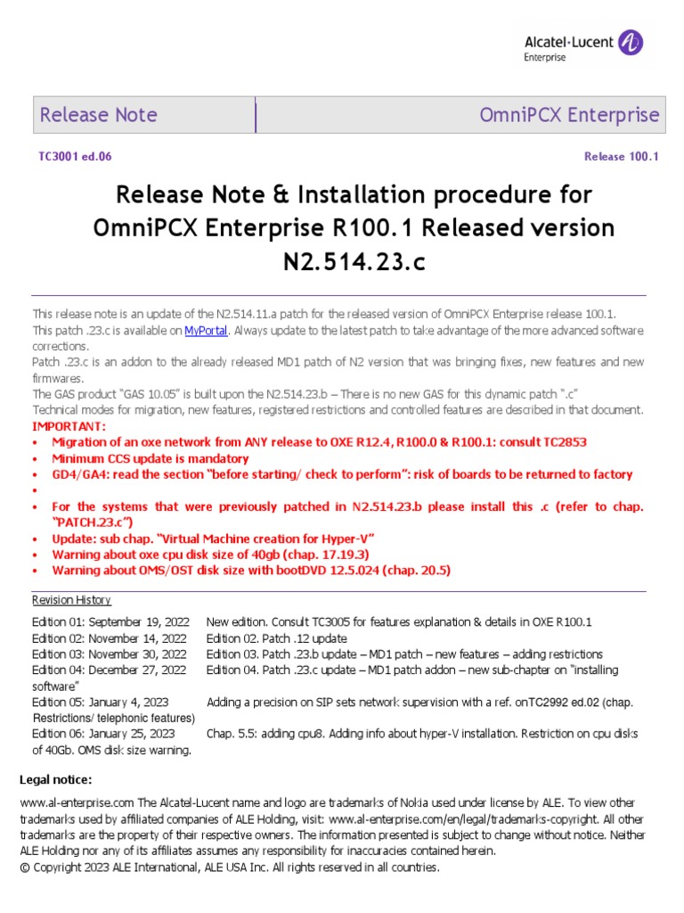 TC3001en-Ed06 Release Note and Installation Procedure OmniPCX Enterprise R100.1 Version N2.514. ...
