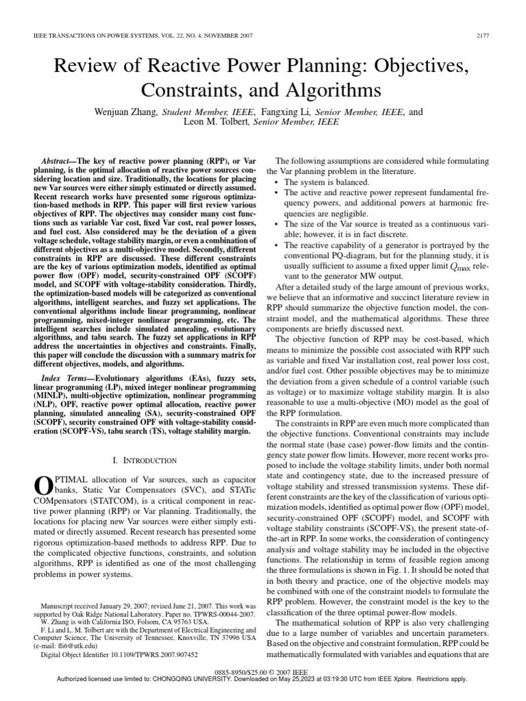 Review Of Reactive Power Planning Objectives Constraints And Algorithms Pdf Mathematical