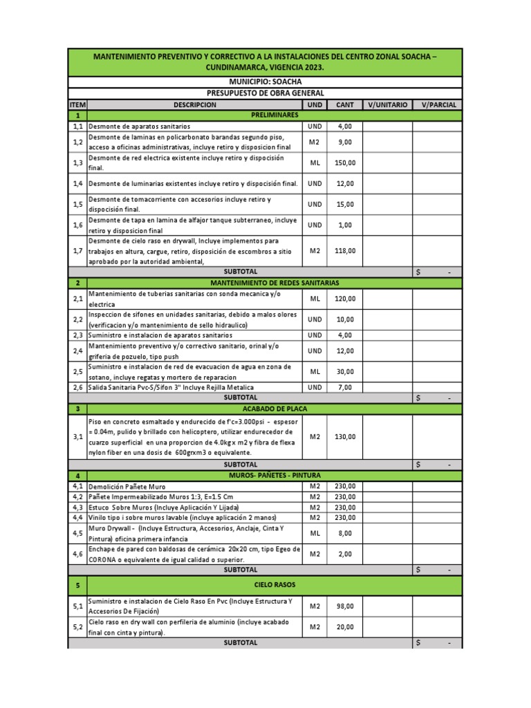 Listado de items y especificaciones técnicas de obra civil_V2 | PDF