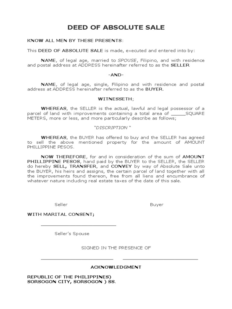 DEED OF ABSOLUTE SALE Sample | PDF | Deed | Sales