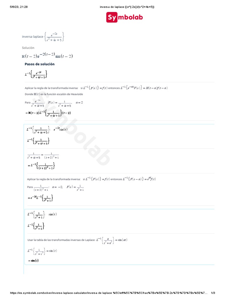 Inversa de Laplace ( (E (-2s) ) - (S 2+4s+5) ) | PDF