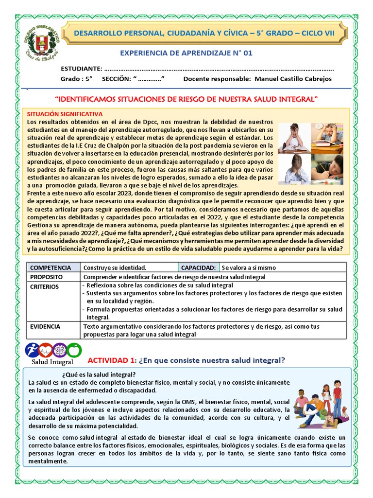 EXPERIENCIA DE APRENDIZAJE 1 - 5° AÑO - DPCC | PDF | Promoción de la salud | Aprendizaje