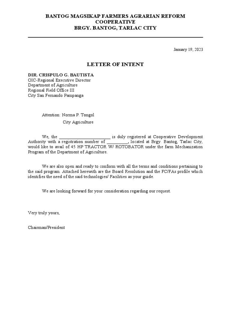 Letter of Intent For Farmers | PDF