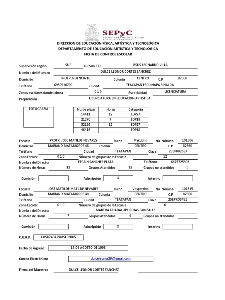Formato Control Escolar | PDF