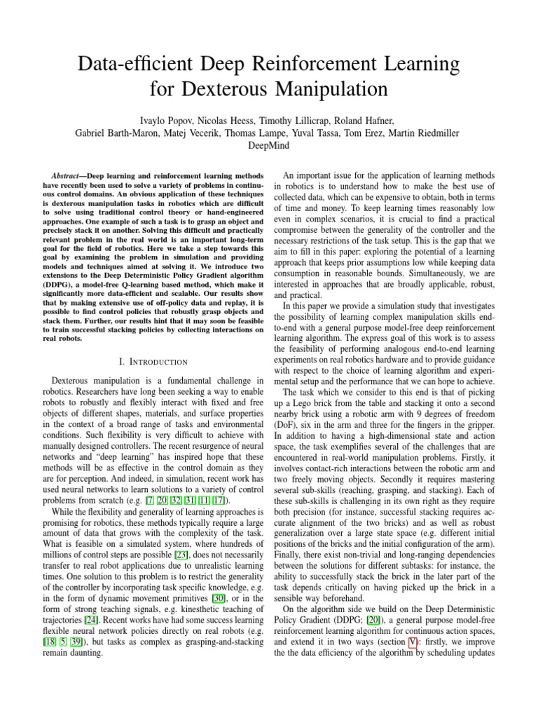 Data Efficient Deep Reinforcement Learning For Dexterous Manipulation Pdf
