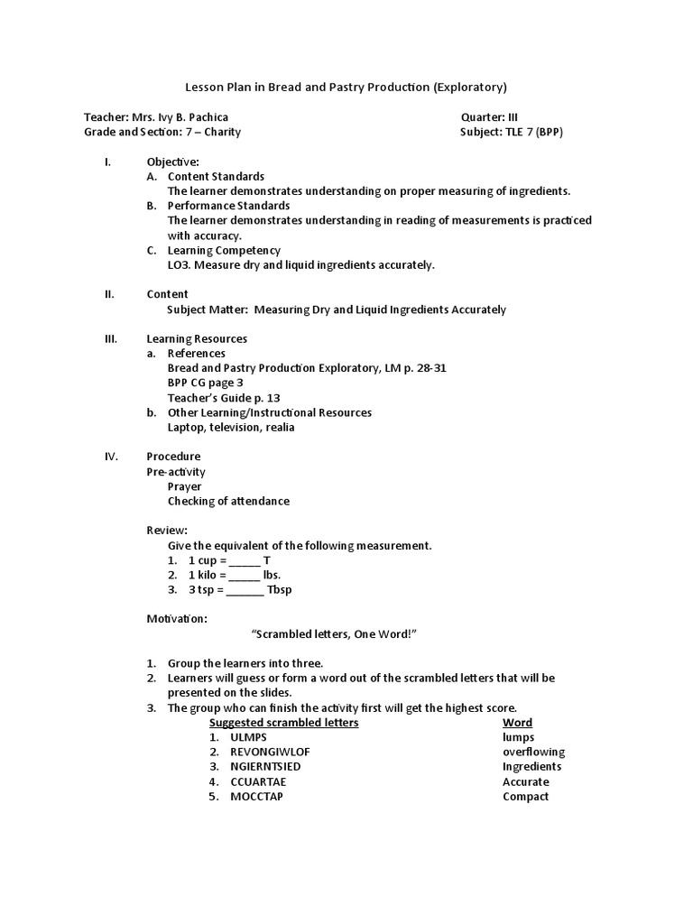 Measuring Ingredients in Baking Lesson Plan | PDF