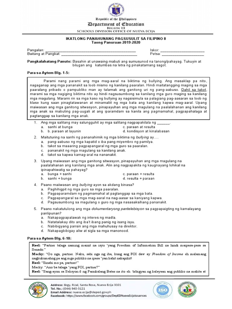 Filipino 8 3rd PT Test Answer Key | PDF