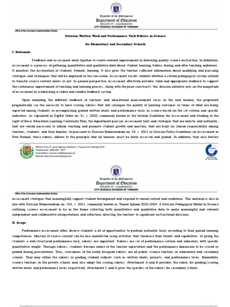 Science Performance Task Rubrics | PDF | Educational Assessment ...