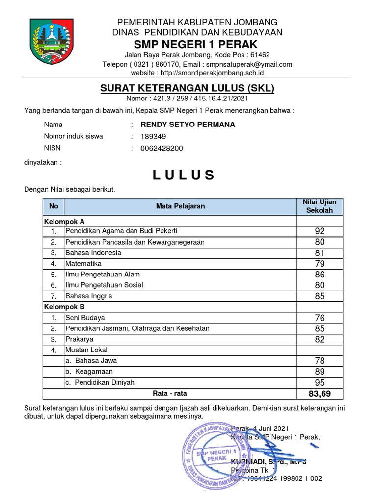 Surat Keterangan Lulus SMP 2021 | PDF