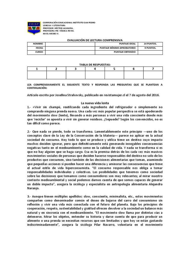 Evaluación de Lectura Comprensiva | PDF | Residuos | Alimentos