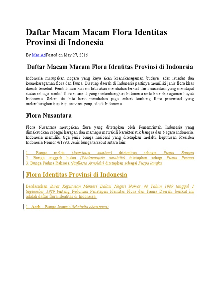 Daftar Macam Macam Flora Identitas Provinsi Di Indonesia | PDF