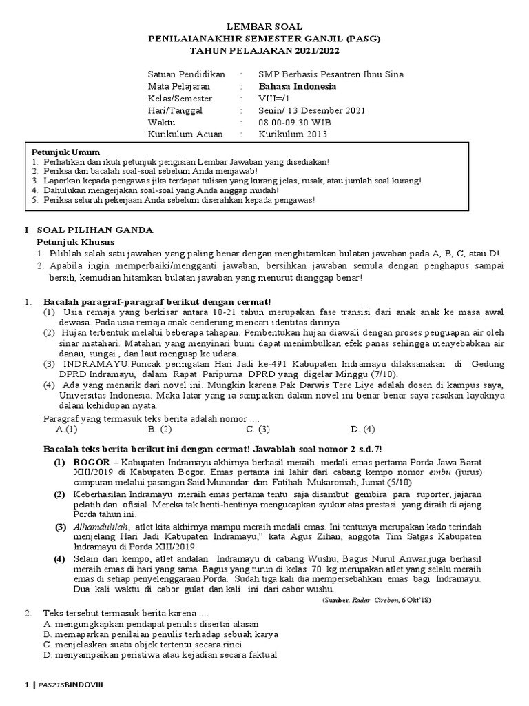 SOAL BINDO PASG21 kk8 | PDF