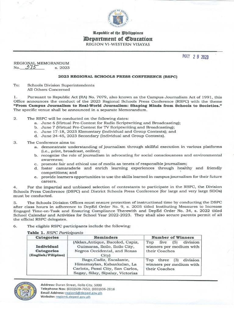 RM. No. 375 S. 2023 - 2023 Regional Schools Press Conference RSPC | PDF