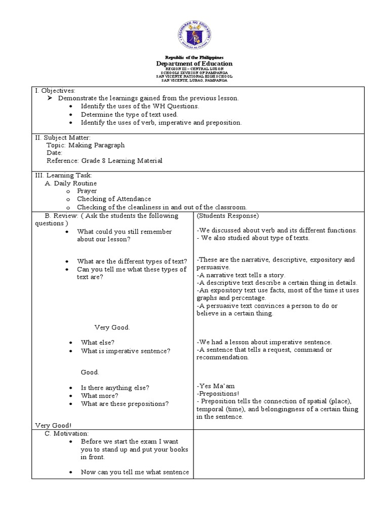 Detailed Lesson Plan 2023 | PDF | Preposition And Postposition | Cognition