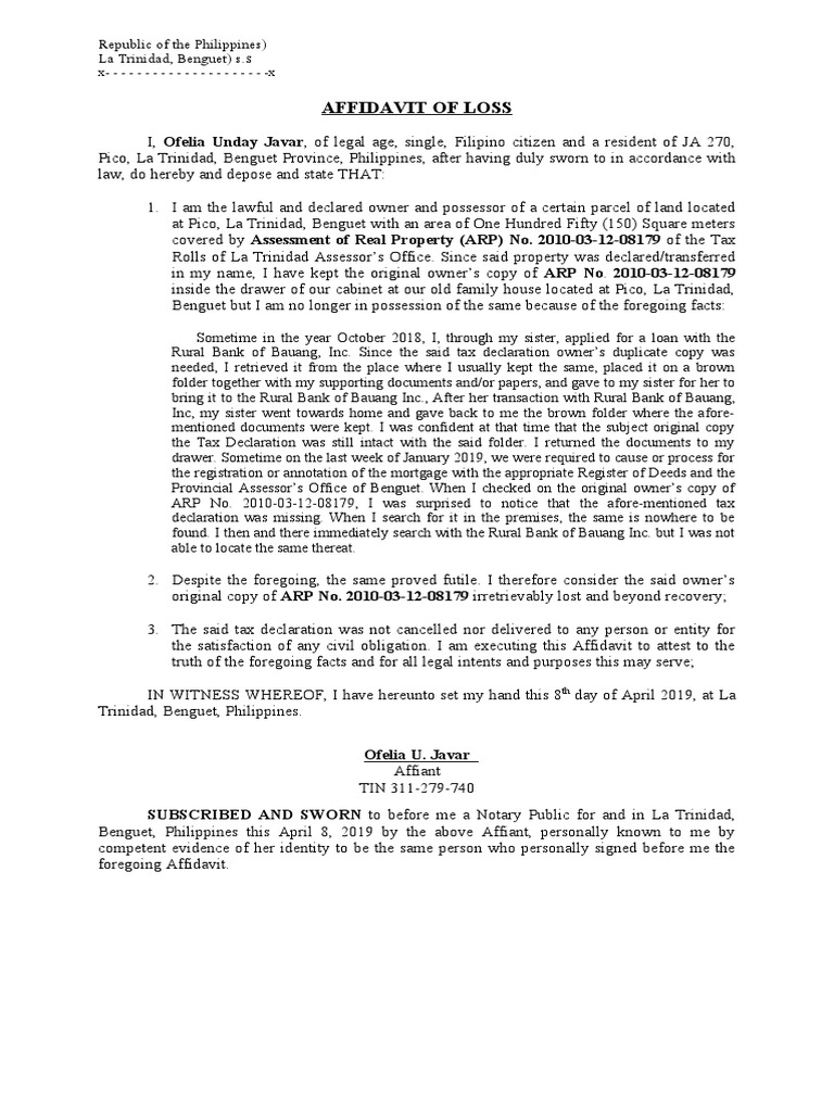 Affidavit of Loss for Tax Declaration | PDF | Affidavit | Property Law
