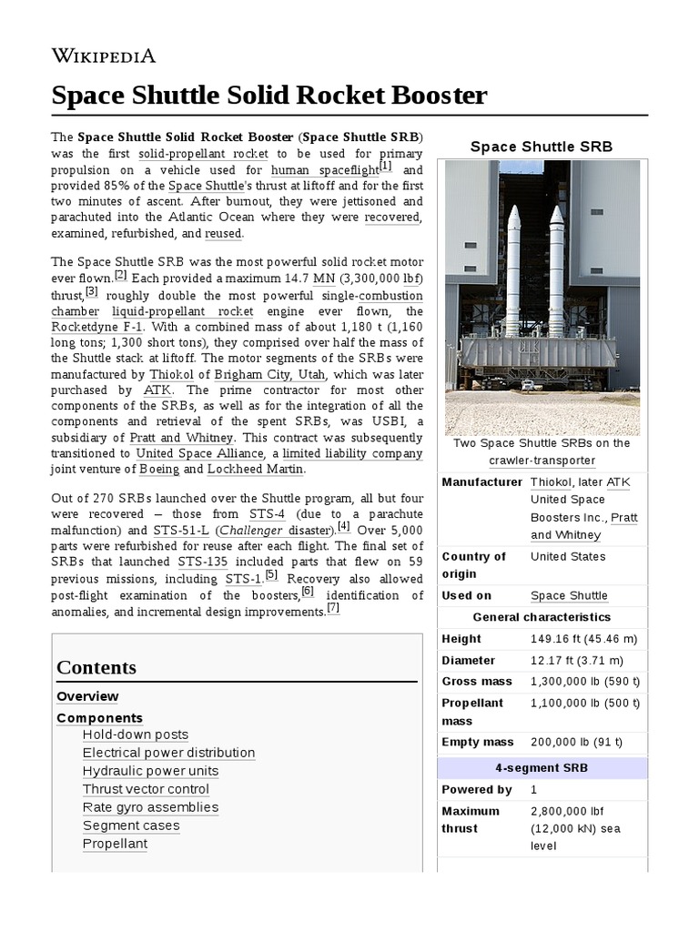 Space Shuttle Solid Rocket Booster Overview | PDF | Space Shuttle Solid ...