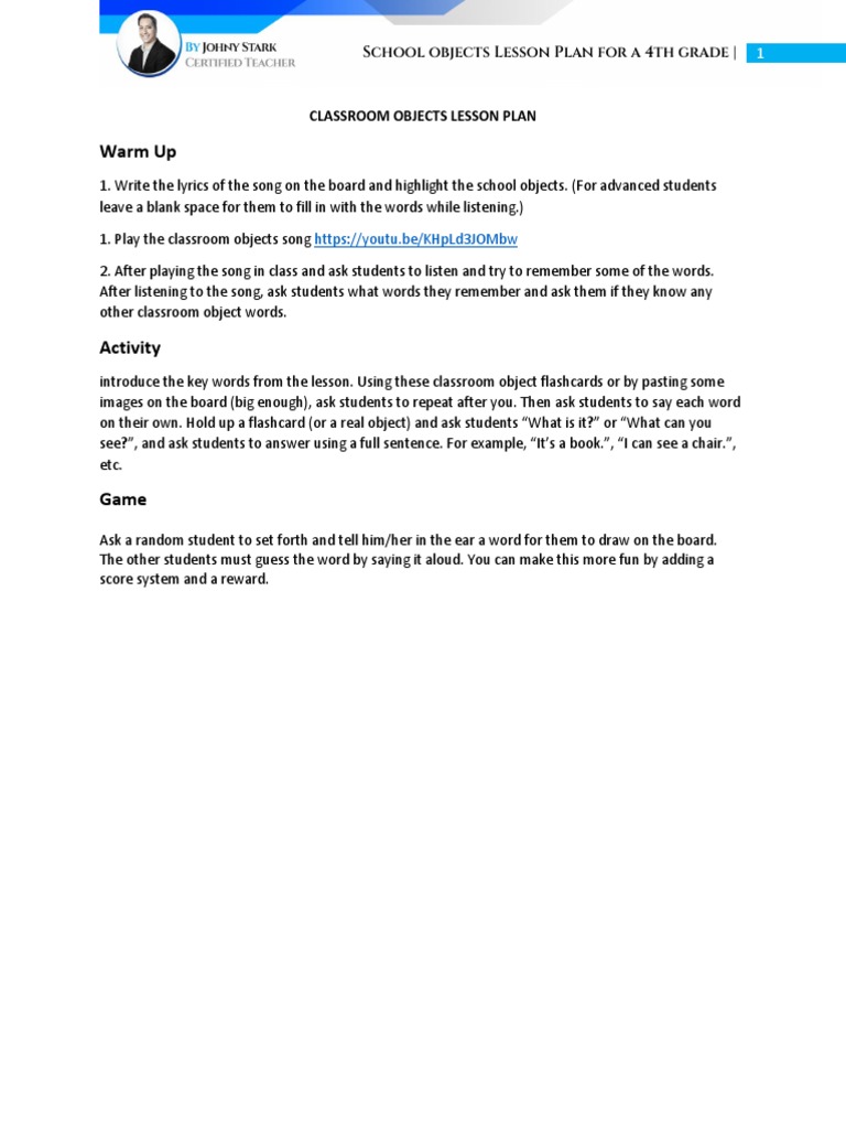 CLASSROOM OBJECTS LESSON PLAN (4th grade School classroom) | PDF