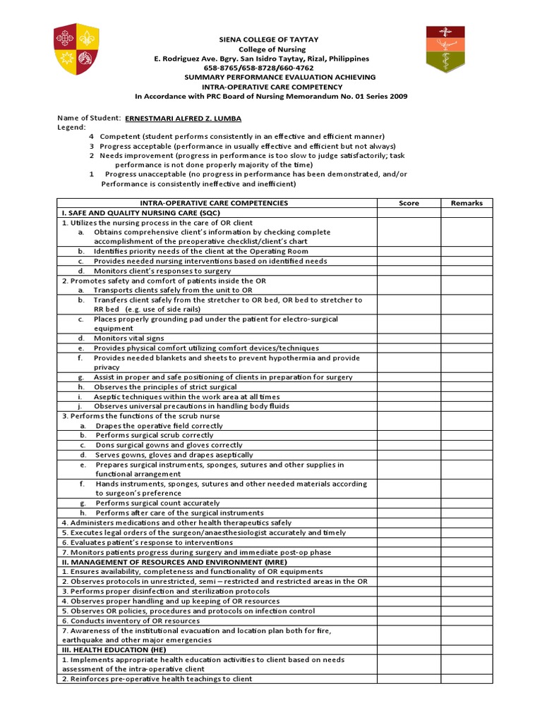 Scrub Performance Evaluation Checklist | PDF | Surgery | Health Care