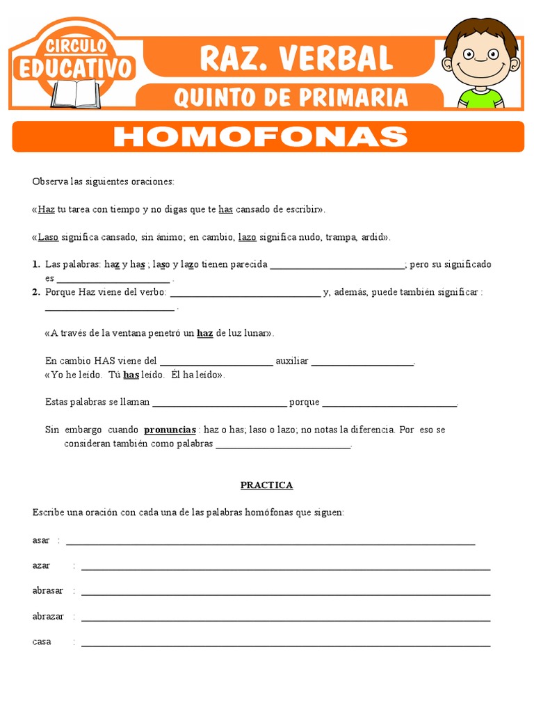 Homofono para Quinto de Primaria | PDF