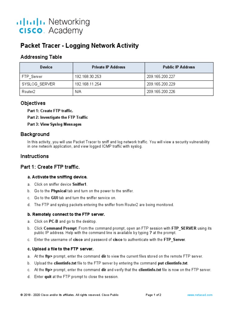 15.2.7 Packet Tracer - Logging Network Activity | PDF | File Transfer Protocol | Internet ...