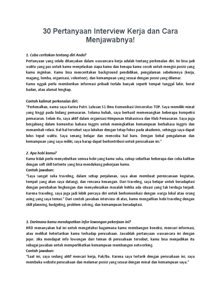 30 Pertanyaan Interview Kerja Dan Cara Menjawabnya | PDF