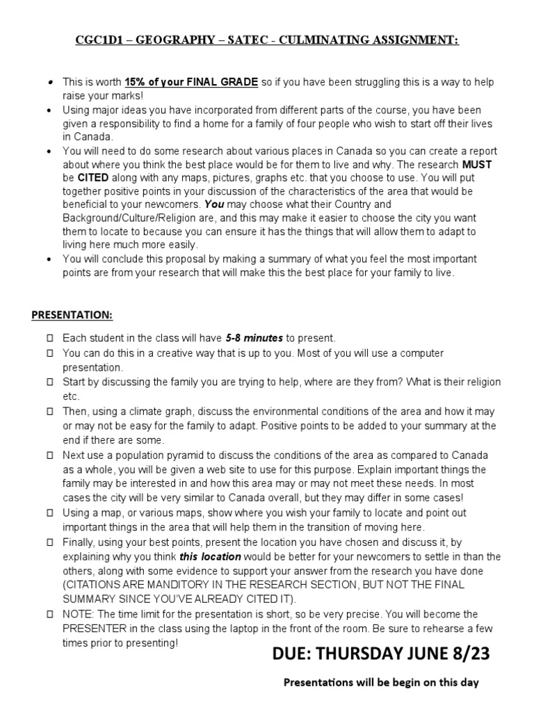 CULMINATING ASSIGNMENT 2022-23 CGC1D1 GEOGRAPHY Grade 9 FINAL VERSION UPDATE MAY 2023 M O D I F ...