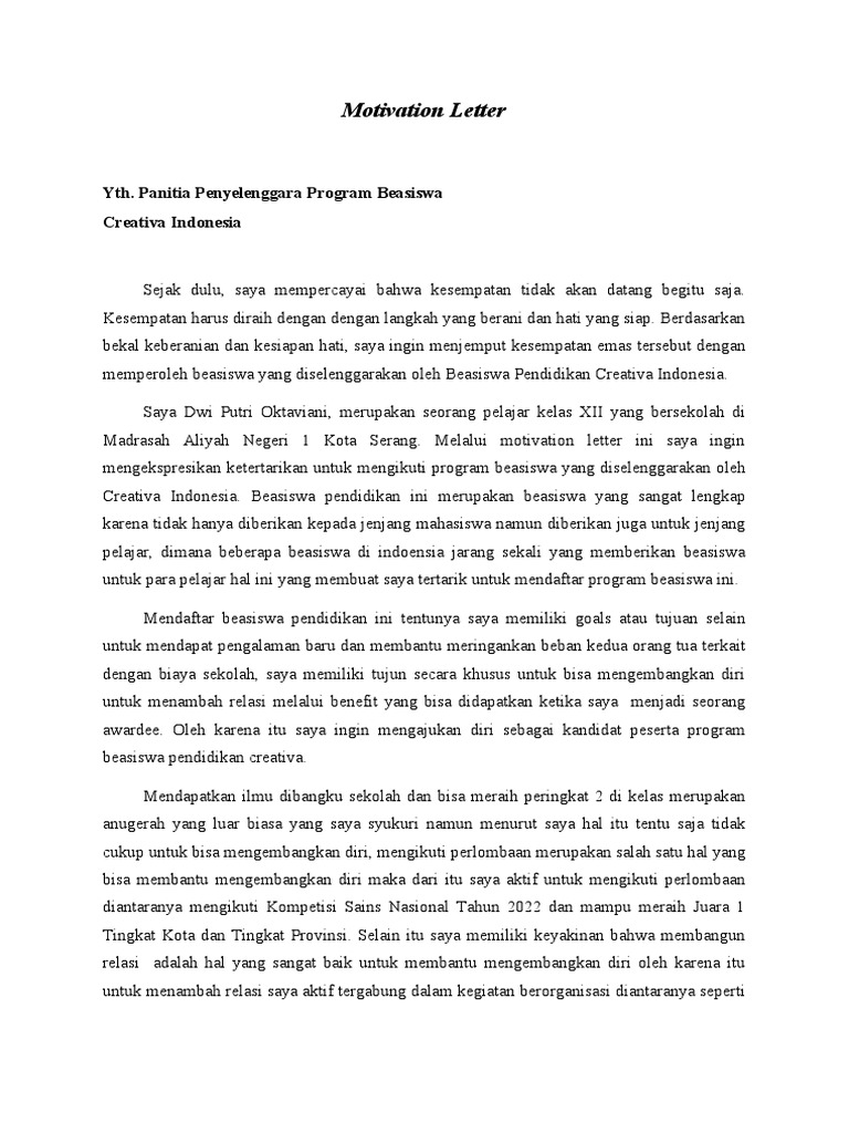 Motivation Letter - Dwi Putri Oktaviani | PDF