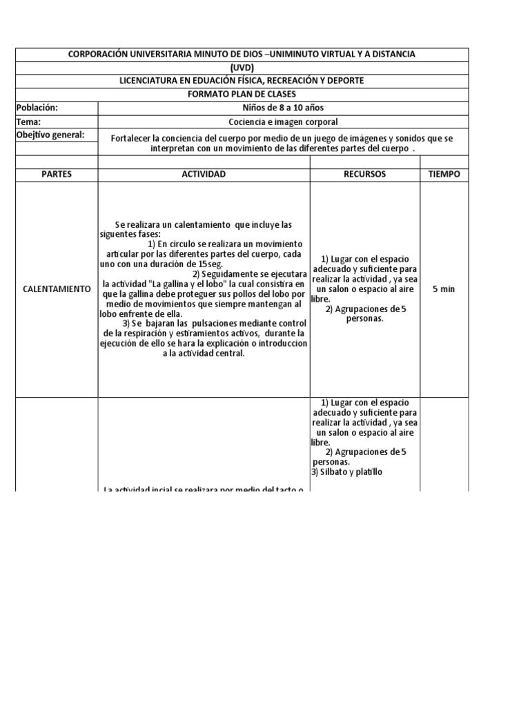 Plan de Clase 1 - Conciencia e Imagen Corporal | PDF