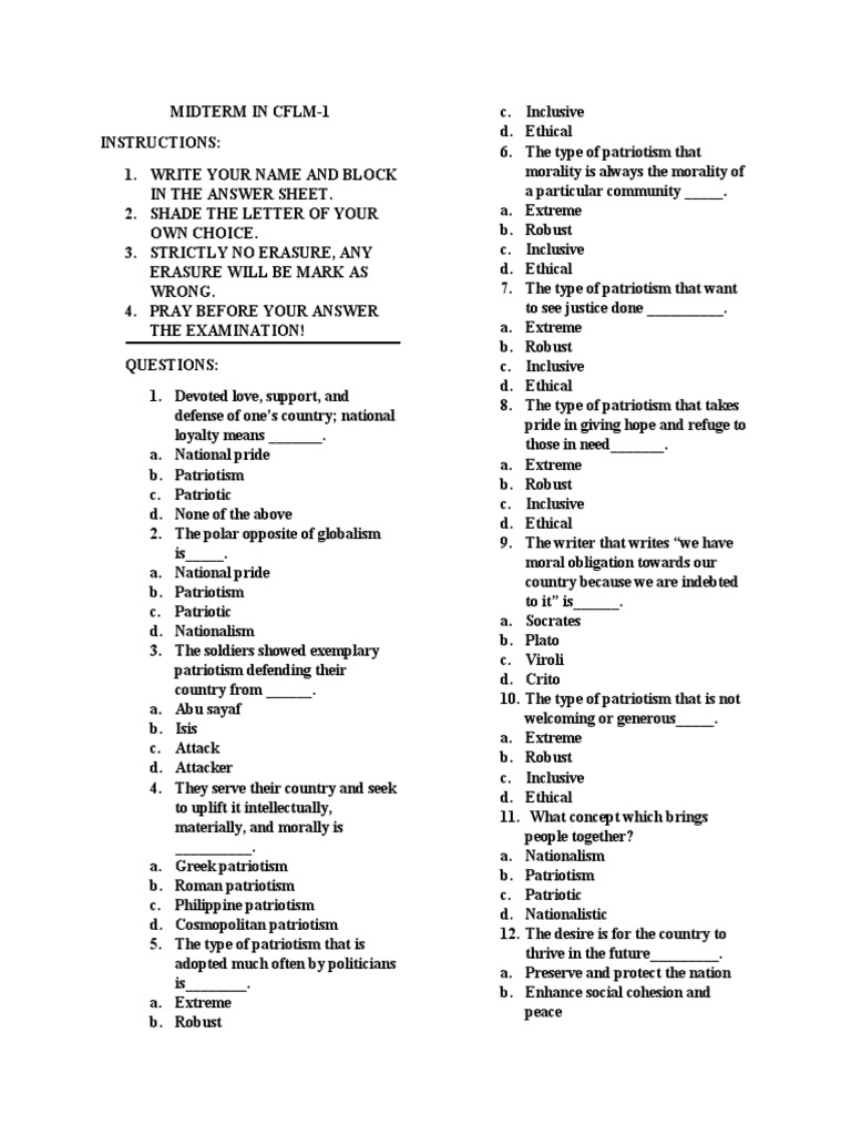 Midterm in CFLM - 1 | PDF | Patriotism