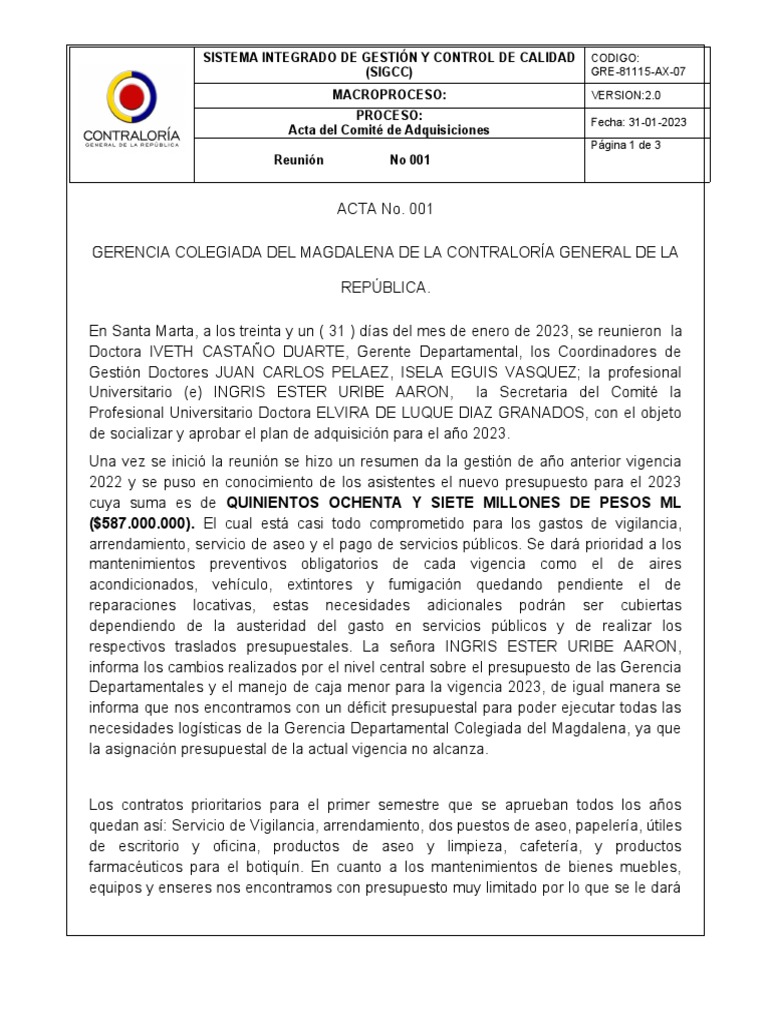 ACTA No 001 PAA 2023 | PDF | Presupuesto