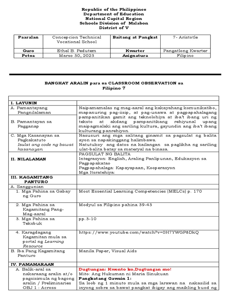 COT1 - Pagsulat NG Balita - SY2022-2024 | PDF | Differentiated Instruction | Learning