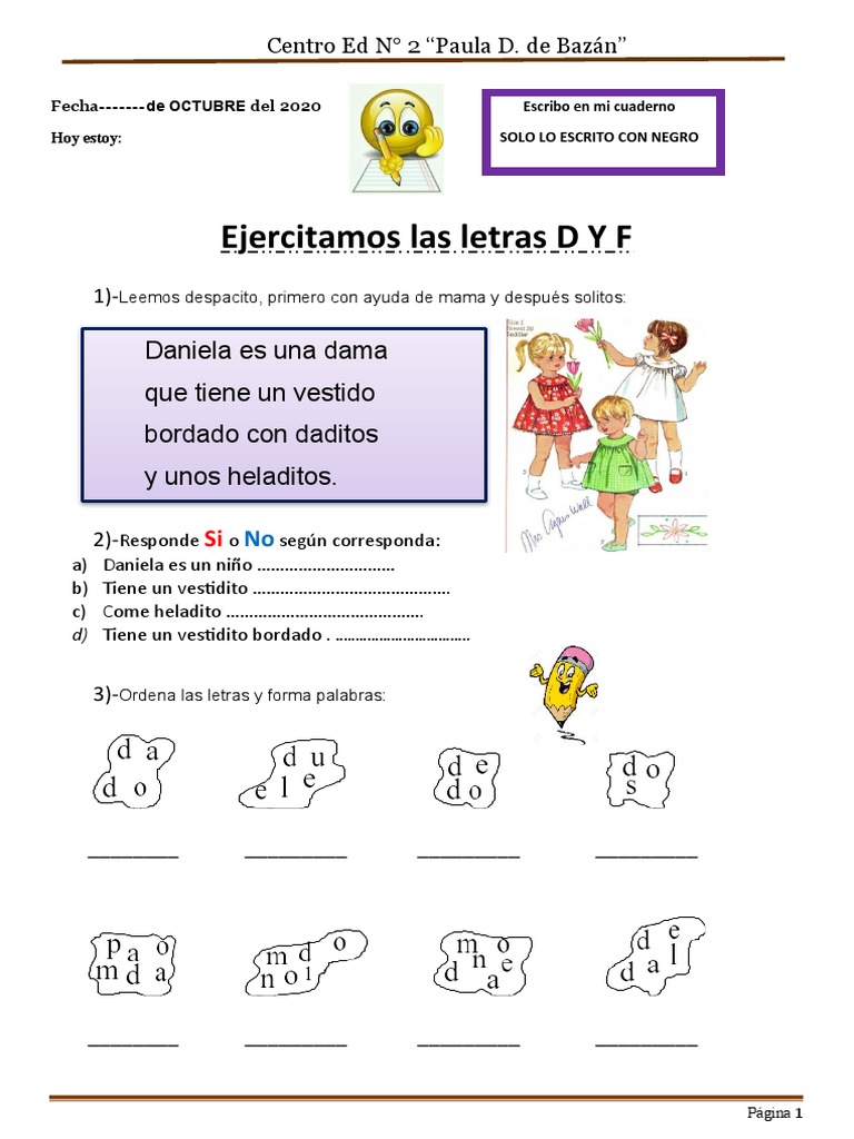 Tarea de 1°Lengua ejercitamos letras D Y F | PDF
