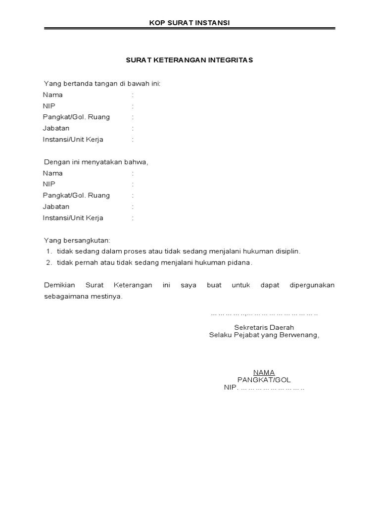 Contoh Surat Keterangan Integritas | PDF