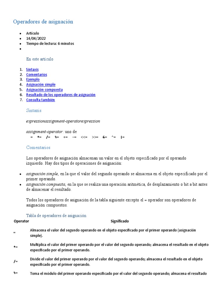 10 Operadores Asignacion | Descargar gratis PDF | C ++ | Puntero ...