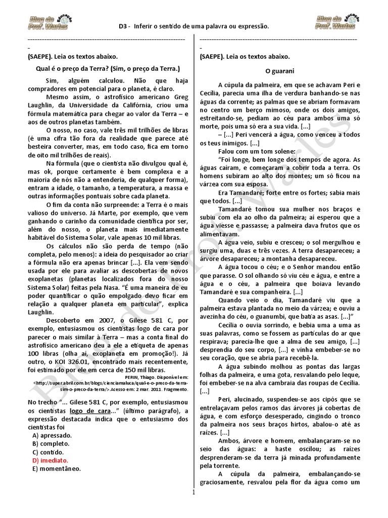 D3 (3 Série - Ens. Médio - L.P - BLOG Do Prof. Warles) | PDF