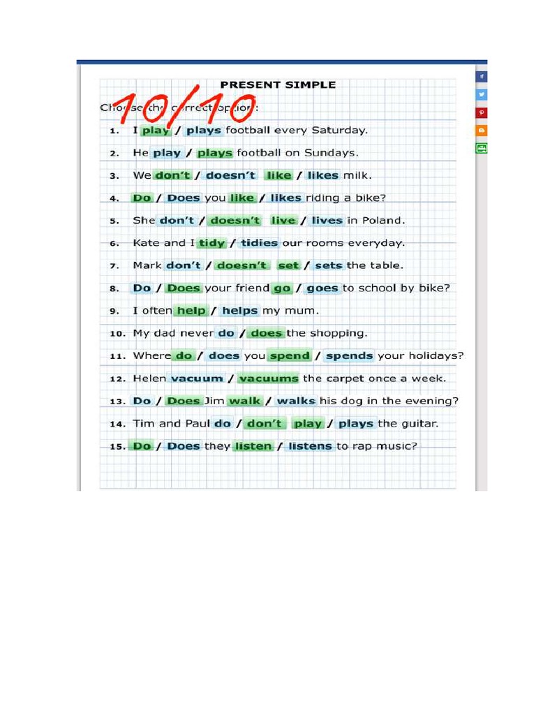 Present Simple Homework | PDF