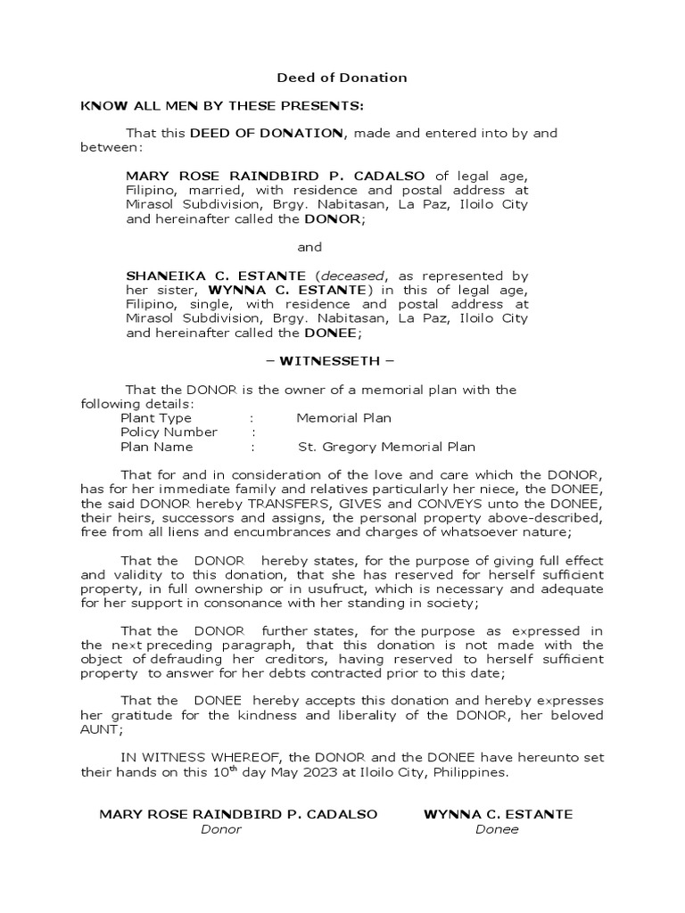 Deed of Donation for Memorial Plan | PDF | Civil Law (Common Law ...