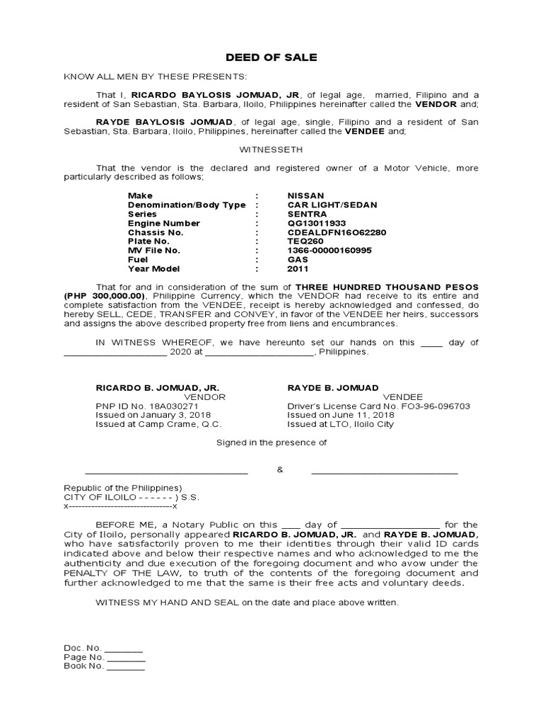 Deed of Sale for Motor Vehicle | PDF | Car | Transport