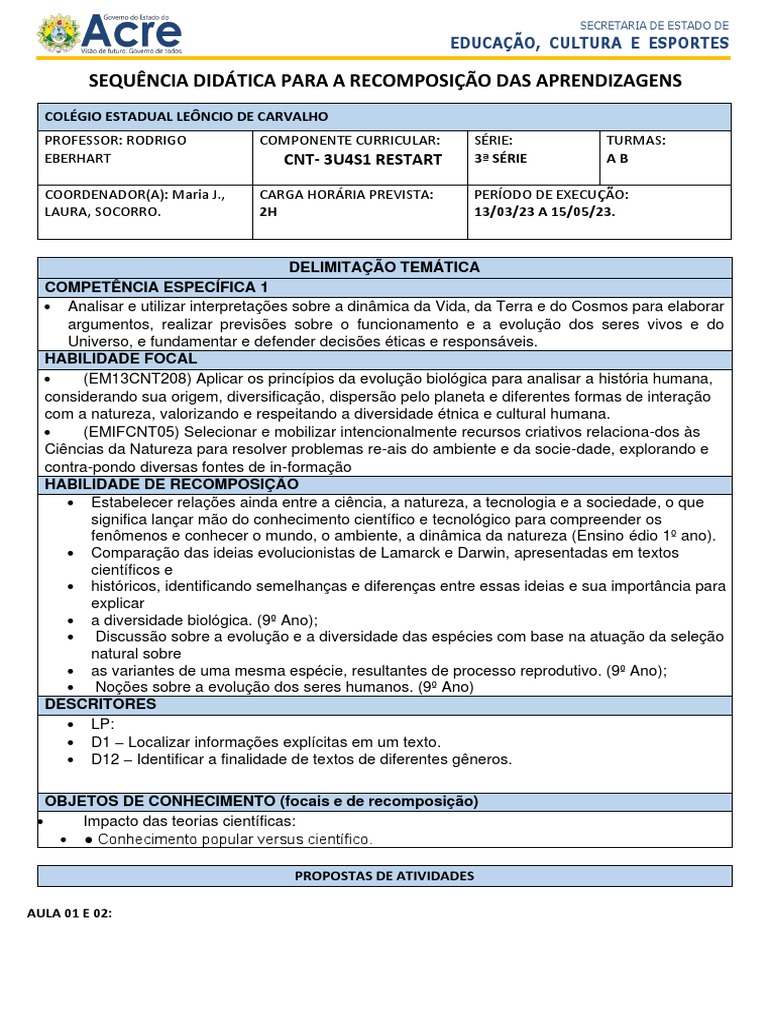 SEQUÊNCIA DIDÁTICA ROTAS 3U4S1 RESTART RODRIGO EBERHART 2023 3a SÉRIE ...