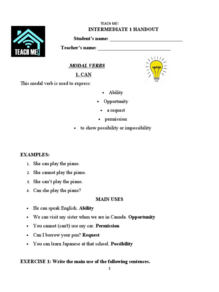 Intermediate 1 - Handout | PDF | Question | Verb