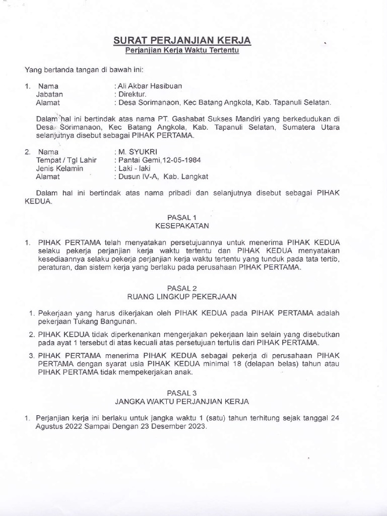 Surat Perjanjian Kerja Kontraktor | PDF