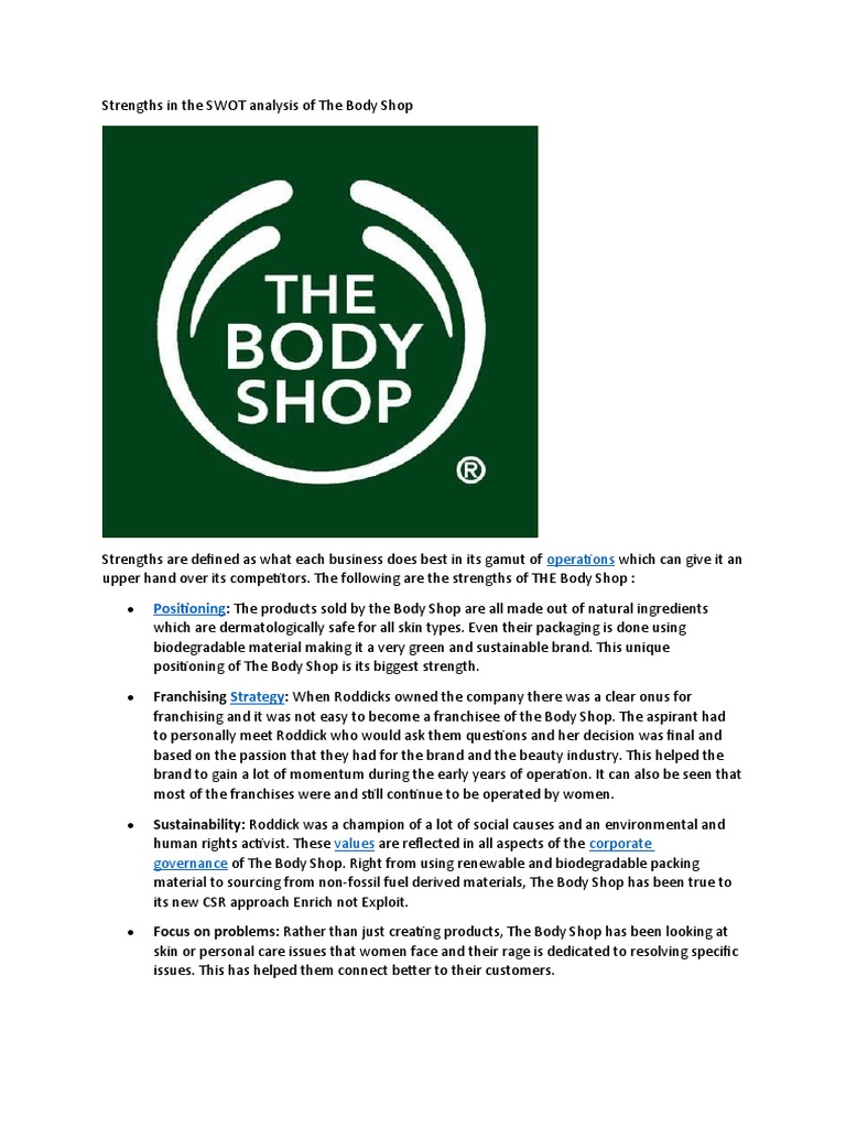 SWOT Analysis of The Body Shop | PDF | Franchising | Strategic Management