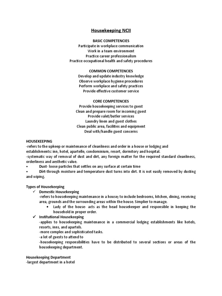 Housekeeping Competencies | PDF | Housekeeping | Washing Machine