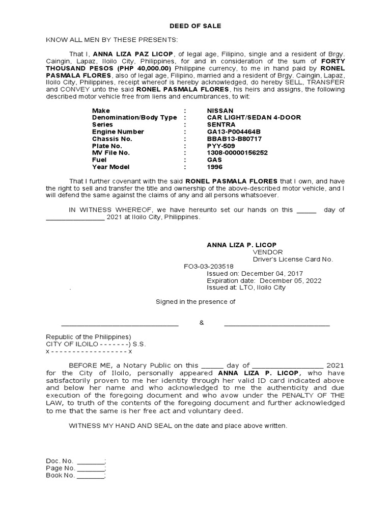 Deed of Sale | PDF | Deed | Philippines