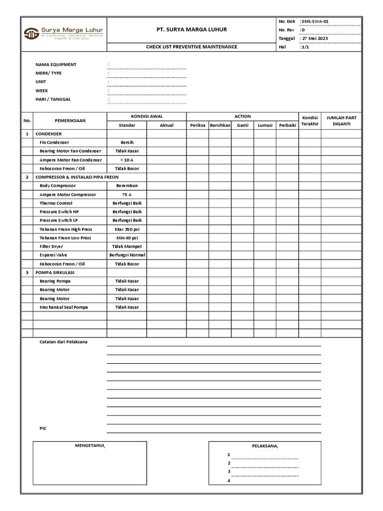 SML-SWA-01 Form Check List Preventive Maintenance | PDF