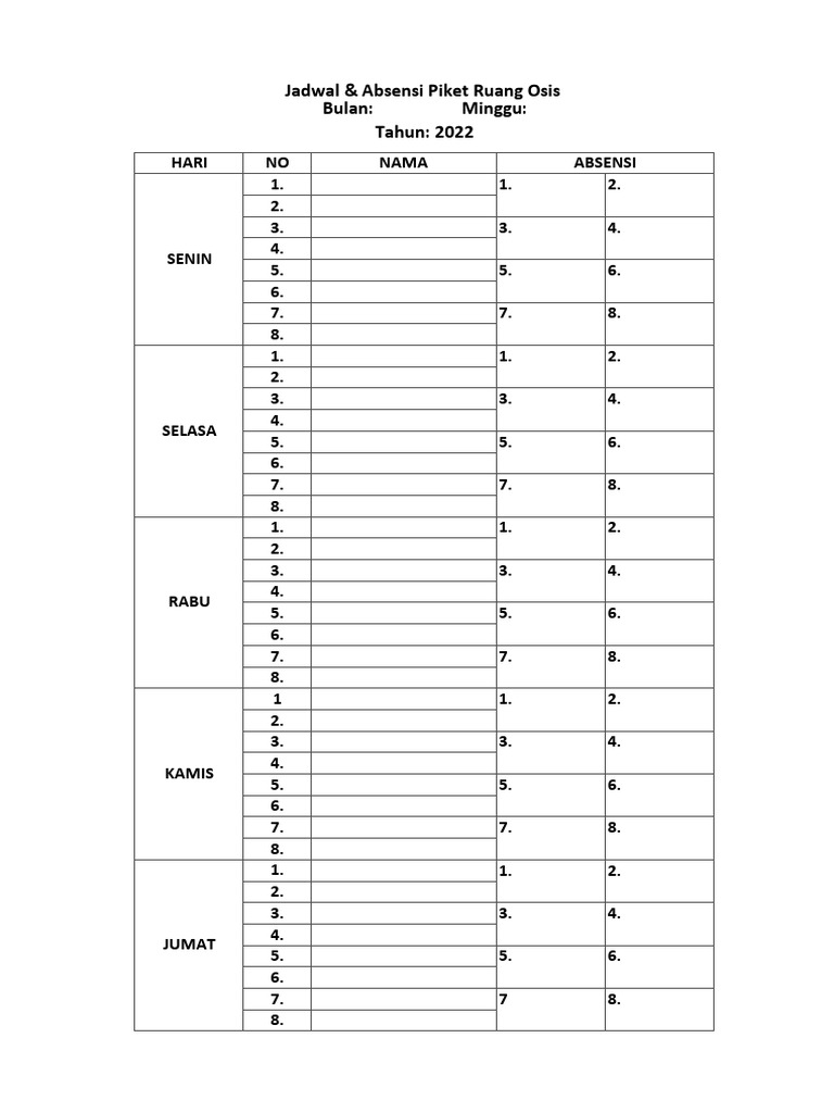 Template Jadwal Absensi Piket Ruang Osis | PDF